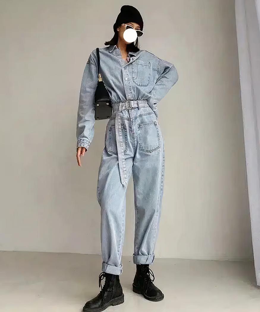 Combinaison en jean clair à manches longues pour femme • Ma Combi